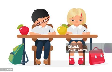 Two Pupils Sitting On School Desk Stock Illustration Download Image