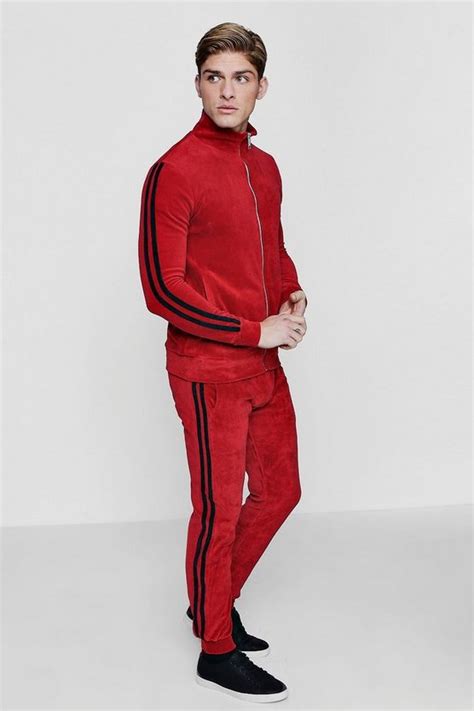 Red Velour Stripe Tracksuit Boohooman