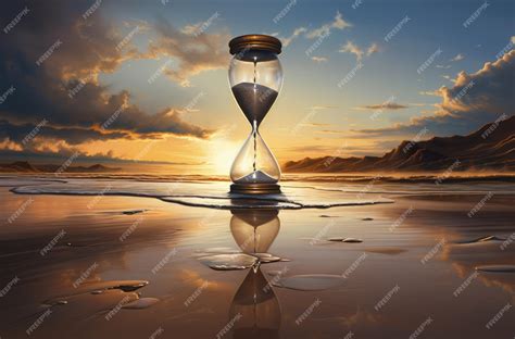 Premium Ai Image Landscape With Hourglass On Beach Sand And Sunset In