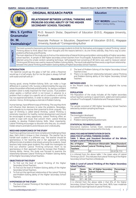 Pdf Relationship Between Lateral Thinking And Problem Solving Ability