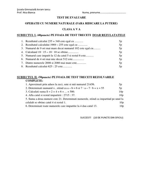 Operatii Cu Numere Naturale Test De Evaluare Formativa Pdf