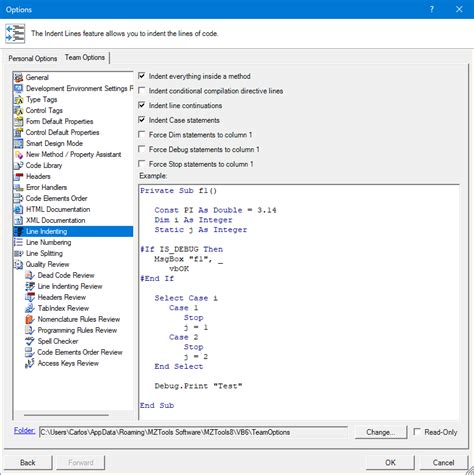 line indenting options