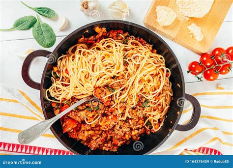 Spaghetti Bolognese With Carrots Pepper And Courgette Stock Image