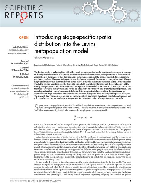 Pdf Introducing Stage Specific Spatial Distribution Into The Levins
