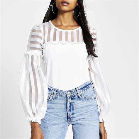 White Organza Stripe Puff Sleeve Blouse River Island