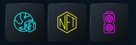 세트 라인 Nft 디지털 암호화 아트 비디오 그래픽 카드 및 검은색 사각형 버튼입니다 벡터 0명에 대한 스톡 벡터 아트 및 기타