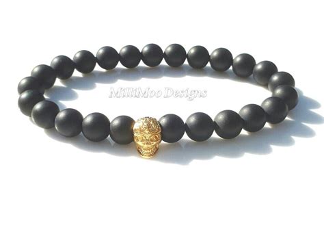 Mens Semi Precious Matt Black Onyx Beaded Bracelet With Quality Gold