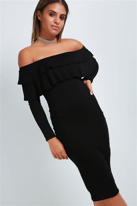 Hannah Long Sleeve Burgundy Bardot Frill Bodycon Dress