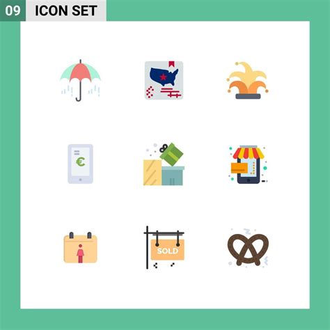 Mobile Interface Flat Color Set Of 9 Pictograms Of Box Shopping Best Euro Mobile Editable Vector