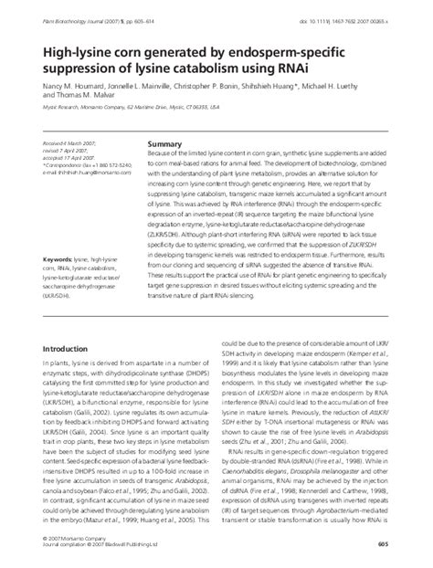 Pdf High Lysine Corn Generated By Endosperm Specific Suppression Of