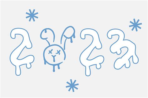 2023 년 새해 인쇄 물방울 토끼 얼굴과 눈송이 티 스티커 포스터에 적합합니다 장식 및 디자인을위한 벡터 일러스트레이션 방울에 대한 스톡 벡터 아트 및 기타 이미지