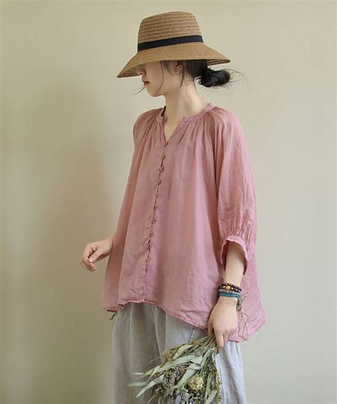 벌룬 아사 거즈 면 린넨 마 셔링 루즈핏 브이넥 7부소매 블라우스 셔츠 여성 오버핏 여자블라우스 간절기