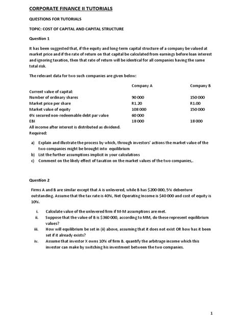 Corporate Finance Ii Tutorials Cap Structure Questions Pdf
