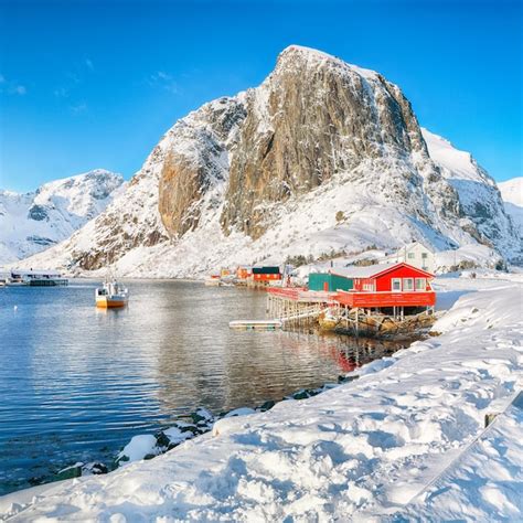 Premium Photo Winter View On Hamnoy Village With Port And