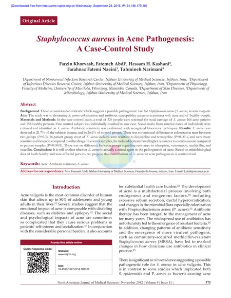 Pdf Staphylococcus Aureus In Acne Pathogenesis A Case Control Study