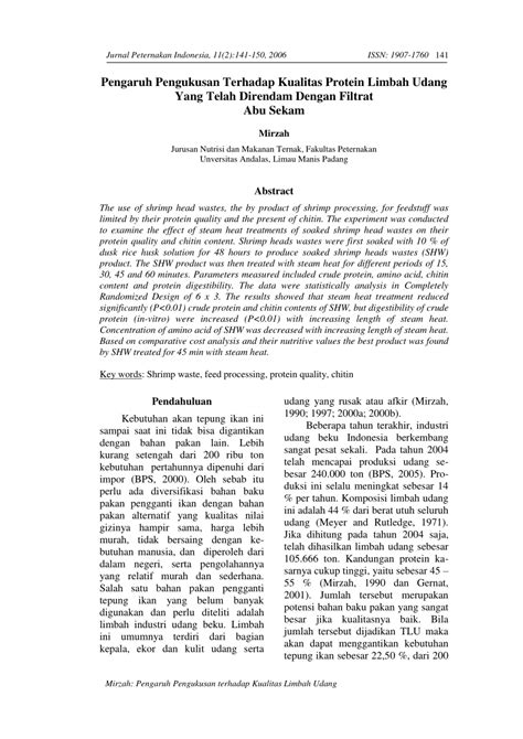 Pdf Pengaruh Pengukusan Terhadap Kualitas Protein Limbah Udang Yang