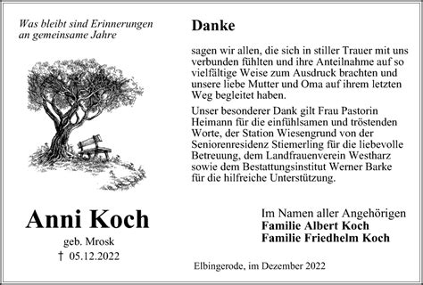 Traueranzeigen Von Anni Koch Harztrauer De