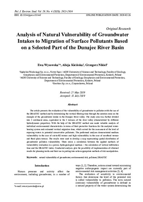 Pdf Analysis Of Natural Vulnerability Of Groundwater Intakes To Migration Of Surface