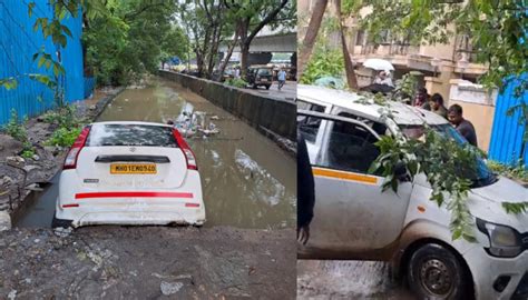 सरळ रस्ता समजून कॅब चालक नाल्यात घुसला पावसात मुंबई पालिकेच्या कामाचे