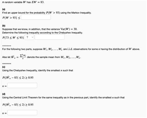Solved A Random Variable W Has EW 83 A Find An Upper Chegg Com