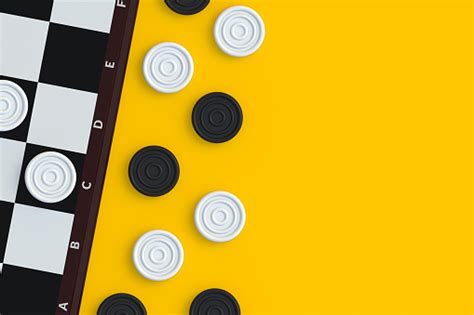 노란색 테이블 위의 바둑판 근처에 흩어져 있는 초안 보드 게임 초보자 교육 국제 선수권 대회 가족과 함께하는 오락 평면도 복사 공간 3d 렌더링 체커에 대한 스톡 사진 및