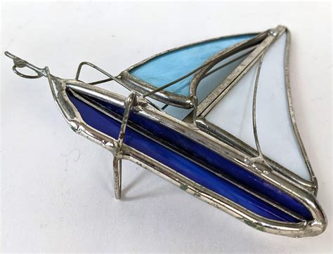 Vintage Stained Glass Sail Boat Sculpture Figurine Ornament Sun Catcher