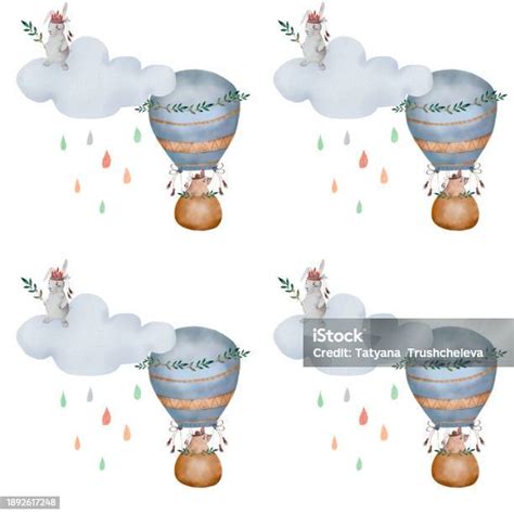 수채화 패턴 아기 열기구 파스텔 색상입니다 구름과 화려한 비가 있는 보헤미안 스타일의 토끼와 곰의 귀여운 그림 아동용 직물 및 아동용 방 디자인에 인쇄하기 위한 Kawaii