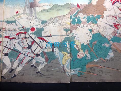 【图】日本侵华史料，描述日清战争（甲午战争）场景的 木版画【日清兵于牙山战争】（尺寸：71365） 1894年的木版画，拍品信息网上
