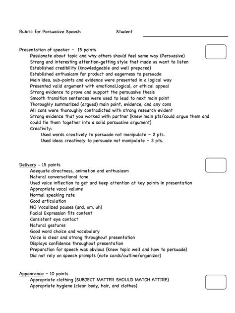 Fillable Online Rubric For Persuasive Speech Fax Email Print PdfFiller