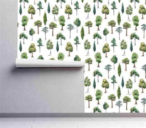 Trees Illustration Pattern Wallpaper Self Adhesive Peel And Etsy