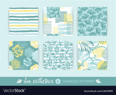 Set Of Trendy Sea Seamless Patterns With Hand Vector Image