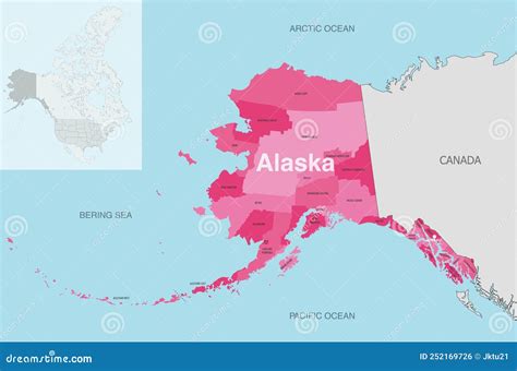 Alaska State Counties Vector Map With Neighbouring States And