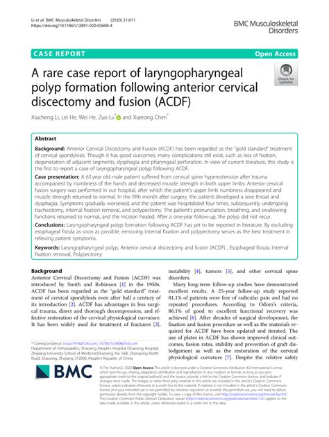 Pdf A Rare Case Report Of Laryngopharyngeal Polyp Formation Following