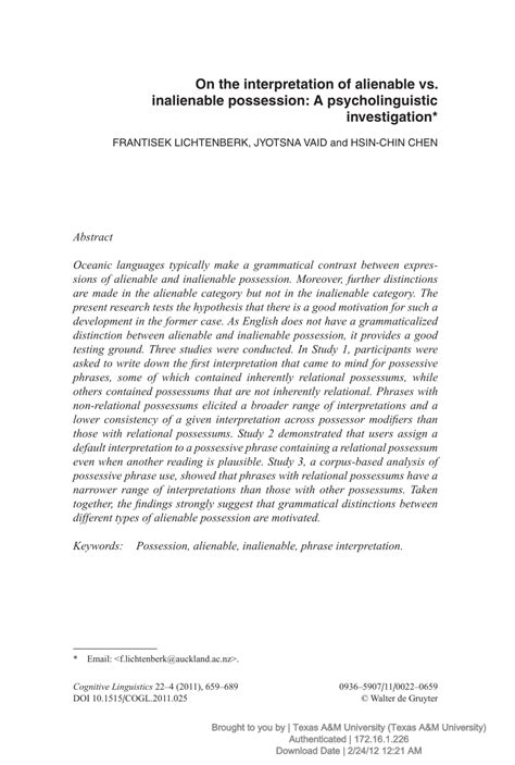 Pdf On The Interpretation Of Alienable Vs Inalienable Possession A