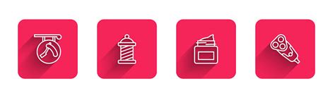 면도기 기둥 크림 화장품 용기 및 긴 그림자가 있는 전기 칼날이 있는 세트 라인 이발소 빨간색 사각형 버튼입니다 벡터 가위에 대한 스톡 벡터 아트 및 기타 이미지 Istock