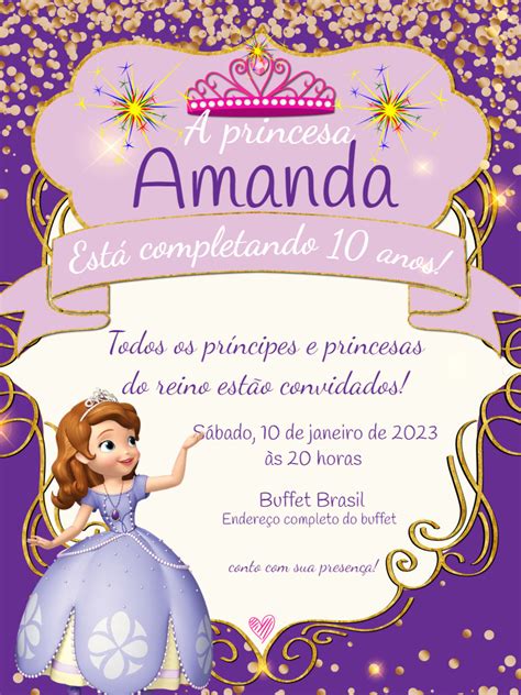 Convite Aniversário Princesa Sofia Edite grátis nosso editor online