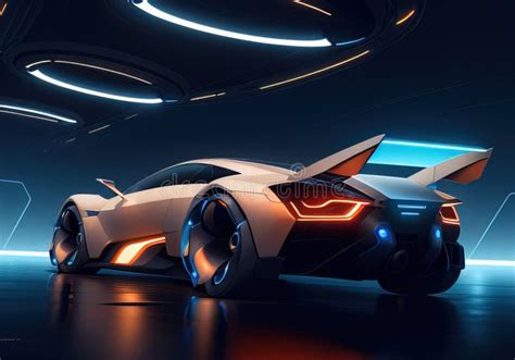 Futuristic Black Sports Car In Neon Light Ai Generative Stock