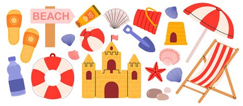 비치 세트 여름 휴가 컬렉션 열대 휴가 여행 해변 여름 액세서리 해변 의자 우산 공 구명 부표 모래성 껍질 손으로 그린 벡터 일러스트 레이 션 갑각류에 대한 스톡 벡터 아트
