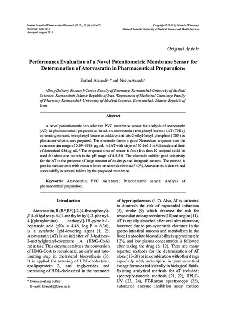 Pdf Performance Evaluation Of A Novel Potentiometric Membrane Sensor