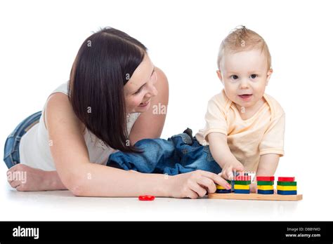 Mother And Baby Play With Wooden Toy Stock Photo Alamy