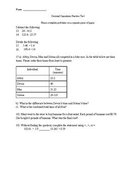 Decimal Operations Review Practice Test By HerbServed TPT