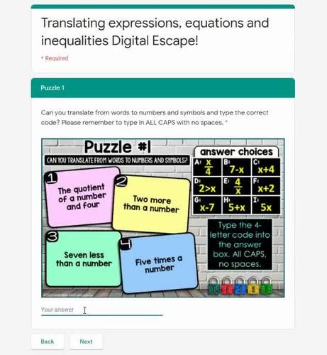 Algebraic Expressions Equations And Inequalities Digital Math Escape Room