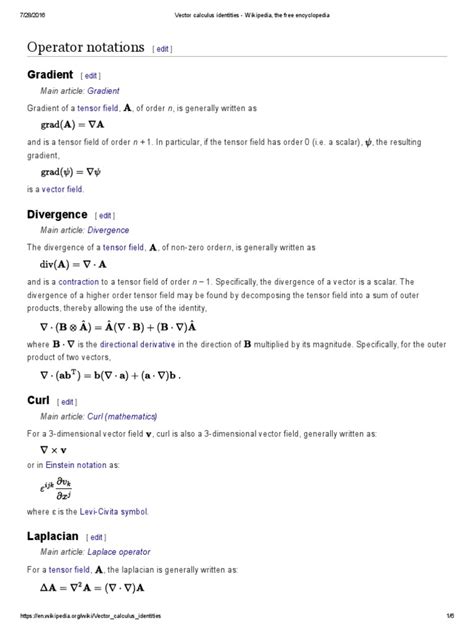Vector Calculus Identities Chart Pdf Vector Calculus Differential