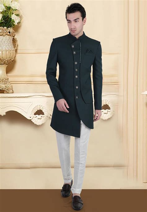 Buy Solid Color Terry Rayon Asymmetric Sherwani In Dark Green Online