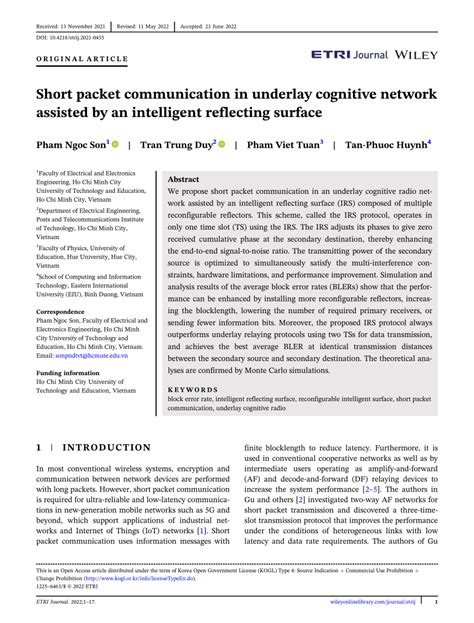 Pdf Short Packet Communication In Underlay Cognitive Network Assisted By An Intelligent