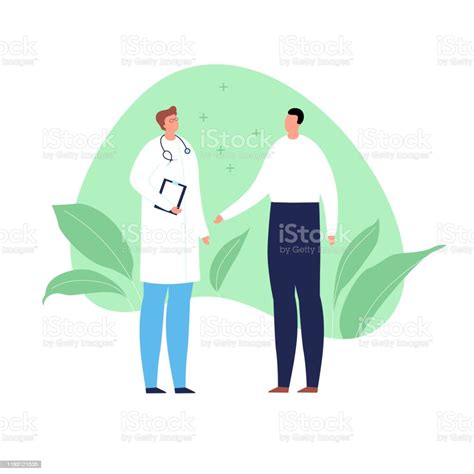 벡터 현대 평면 의사와 환자 그림입니다 청진기와 흰색 배경에 고립 된 잎녹색 유체 모양에 남성 컨설팅메딕 디자인 요소 의료 의료