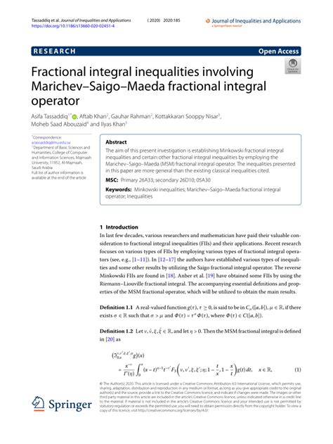 Pdf Fractional Integral Inequalities Involving Marichev Saigo Maeda Fractional Integral Operator