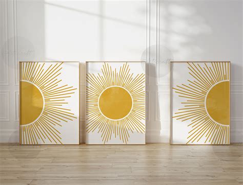 Yellow Sun Print Set Of 3 Mid Century Modern Geometric Sun Etsy