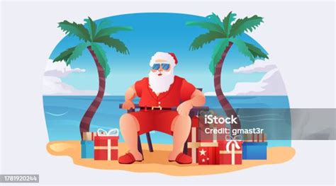 산타 클로스 모자에 앉아 손바닥과 함께 열대 바다 해변에 안락 의자에 앉아 크리스마스 이브 휴일 새해 복 많이 받으세요 축하 템플릿 산타 클로스에 대한 스톡 벡터 아트 및
