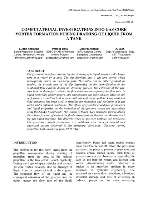 Pdf Computational Investigations Into Gas Core Vortex Formation During Draining Of Liquid From